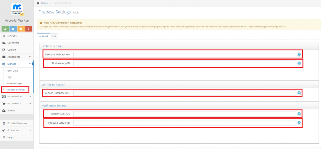 Chat/Messaging Module - Configuring Firebase Settings - Mobiroller Knowledge Base