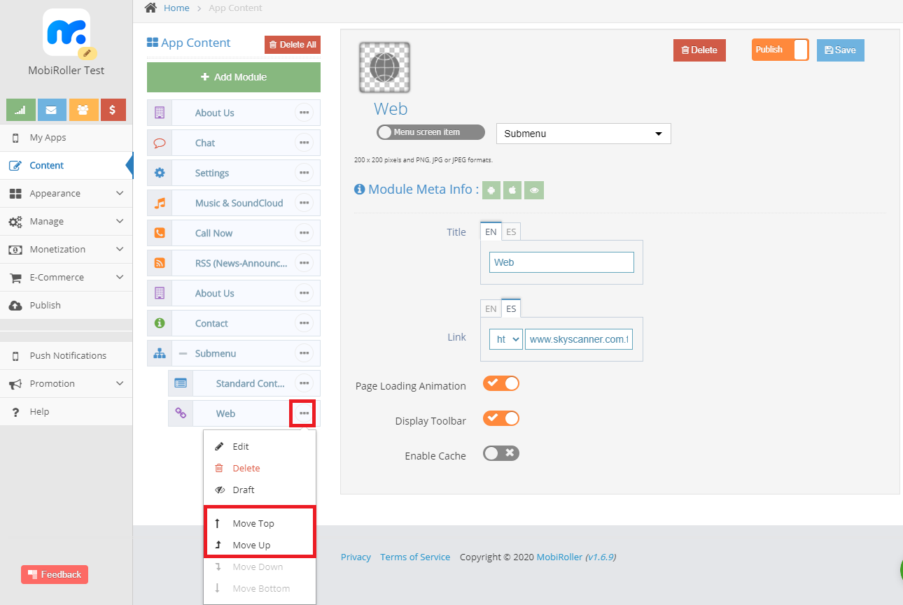 Submenu Mobiroller Knowledge Base