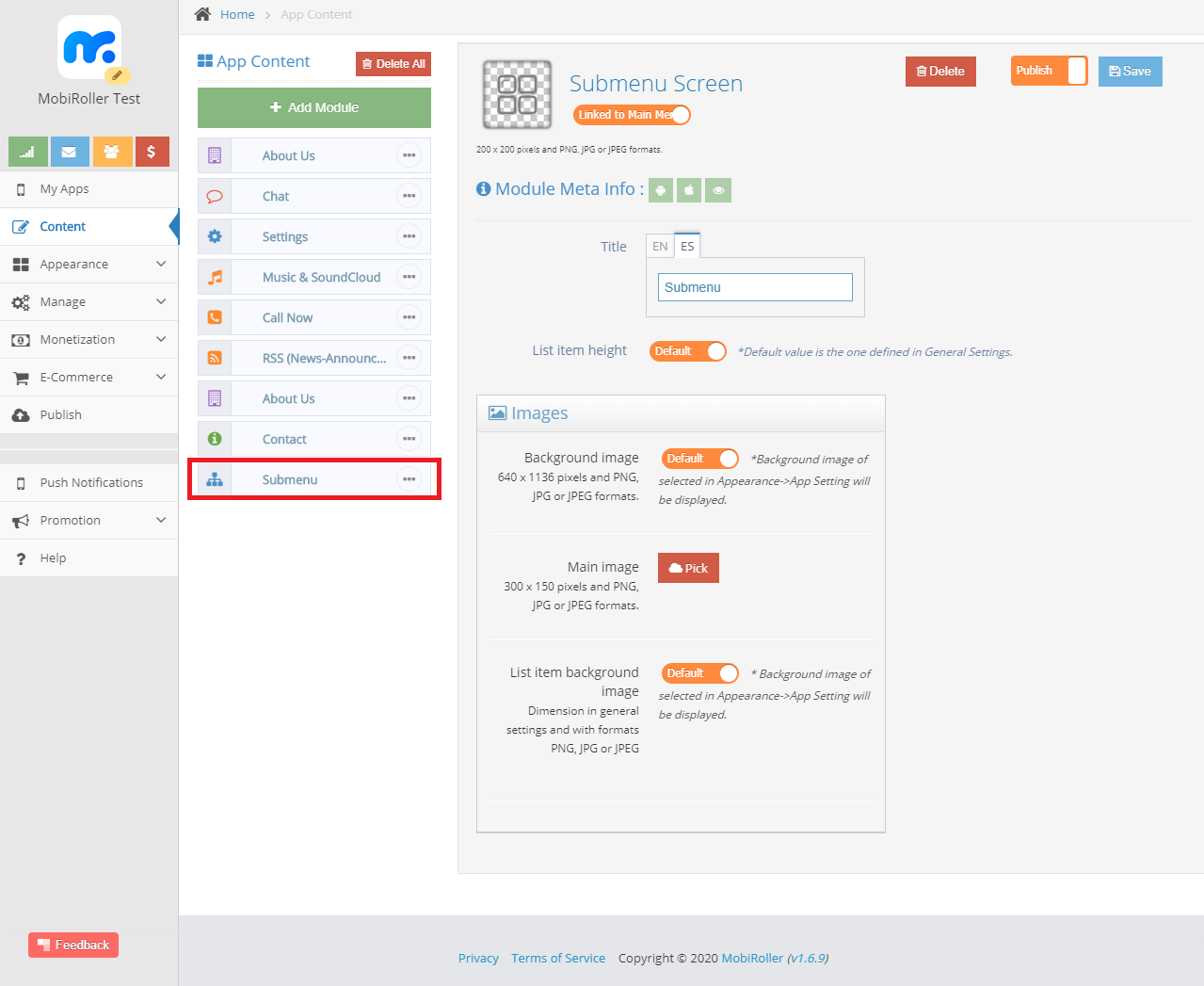 Submenu Mobiroller Knowledge Base